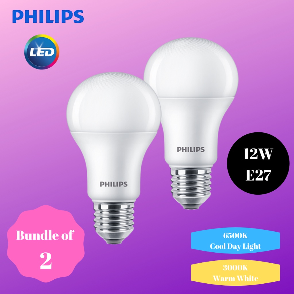 (Bundle of 2) Philips 12W LED E27 cap (Cool Day Light / Warm White) Non ...