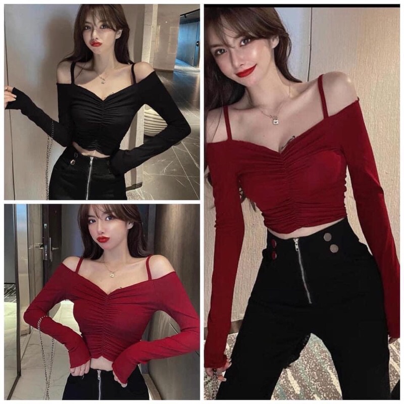 Off-the-shoulder crop top with long sleeves and two straps at the chest ...