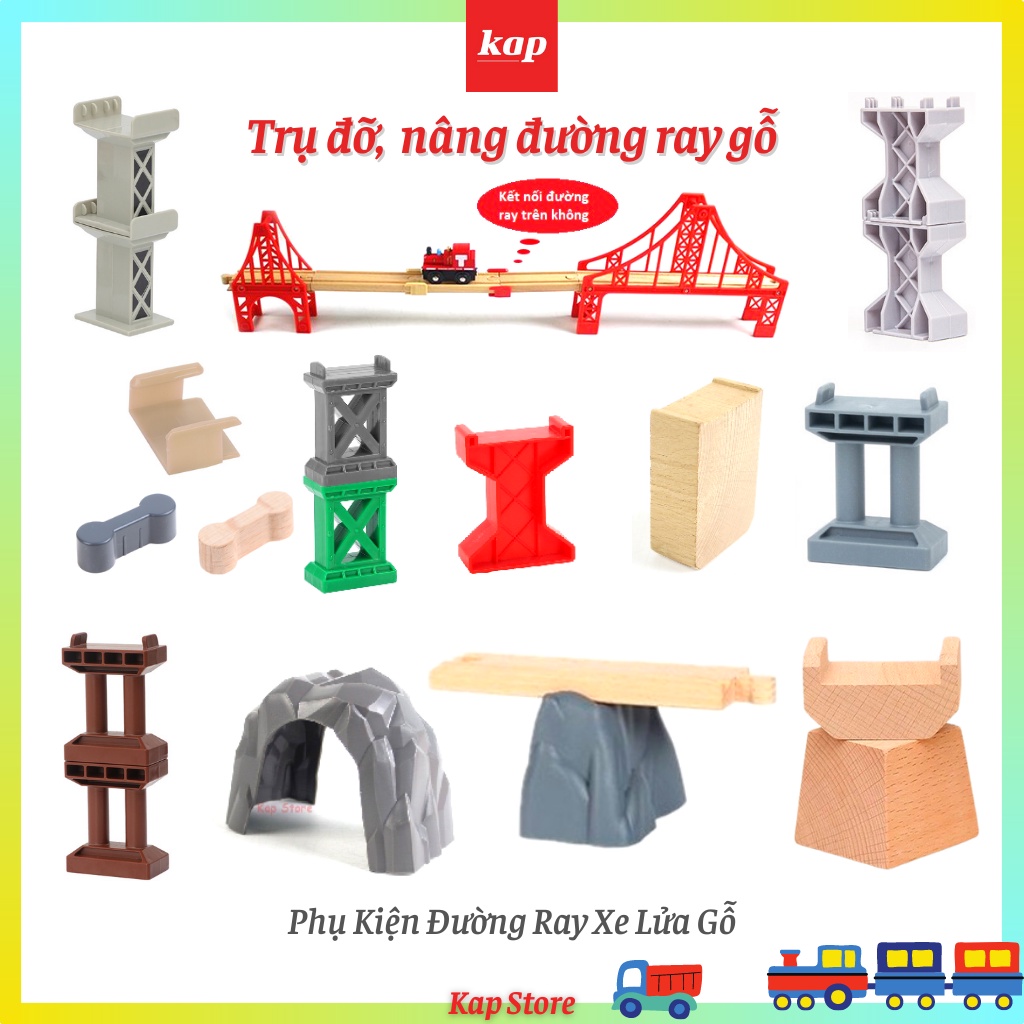 Support posts and buttons connecting 2 wooden train tracks, accessories ...