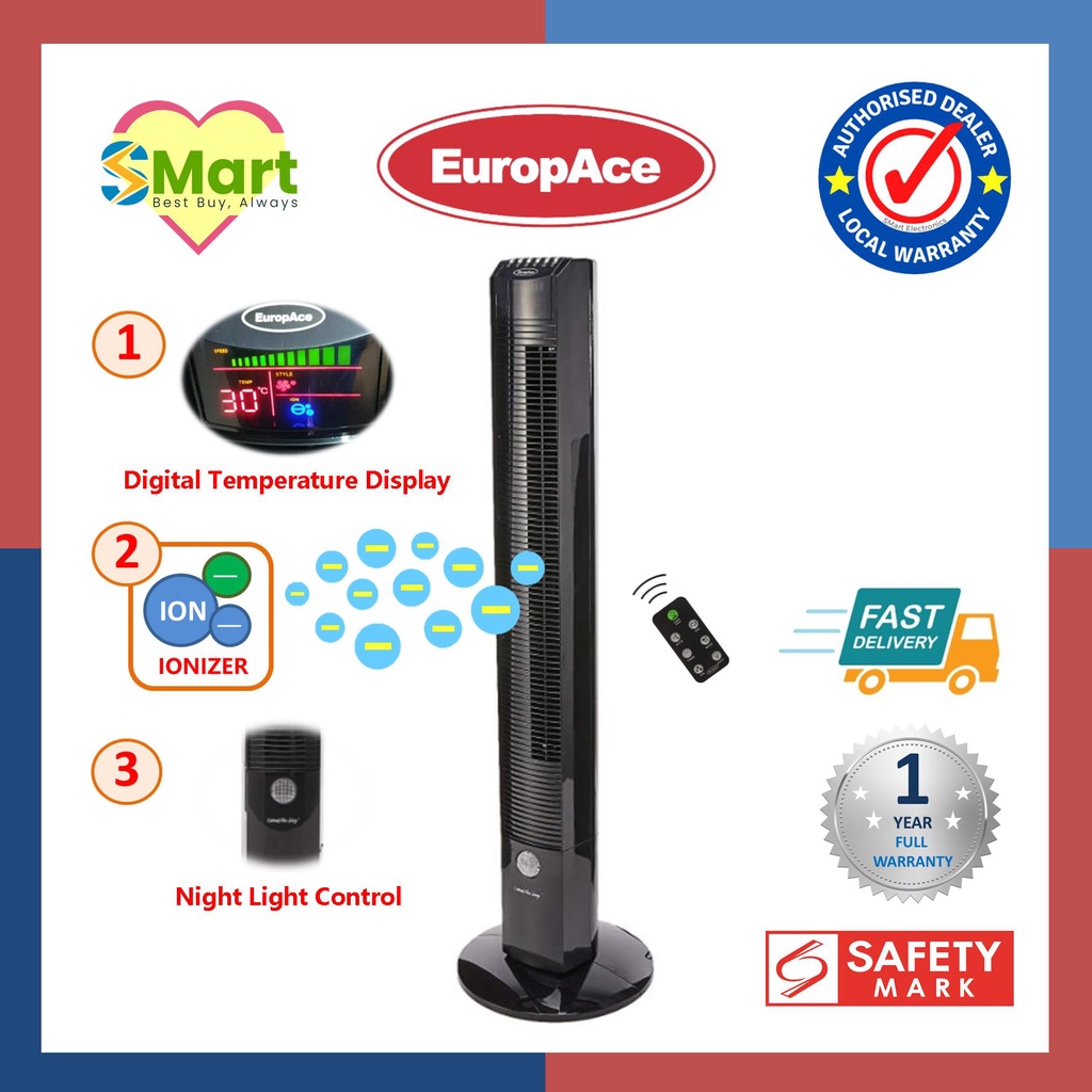 EuropAce Tower Fan with Remote Control & Ionizer [ETF 1129] | Shopee ...