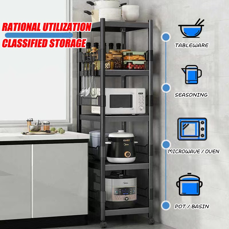 YOUNAL Movable Black Metal Storage Rack / Kitchen Rack / Booksheft Book ...