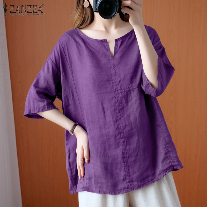 Zanzea Women Casual Half Sleeve O Neck Cotton Solid Color Loose Blouse