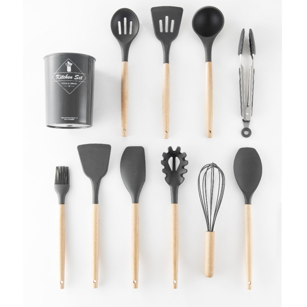Kitchen utensil set 11 Piece, silicone material, high quality wooden ...