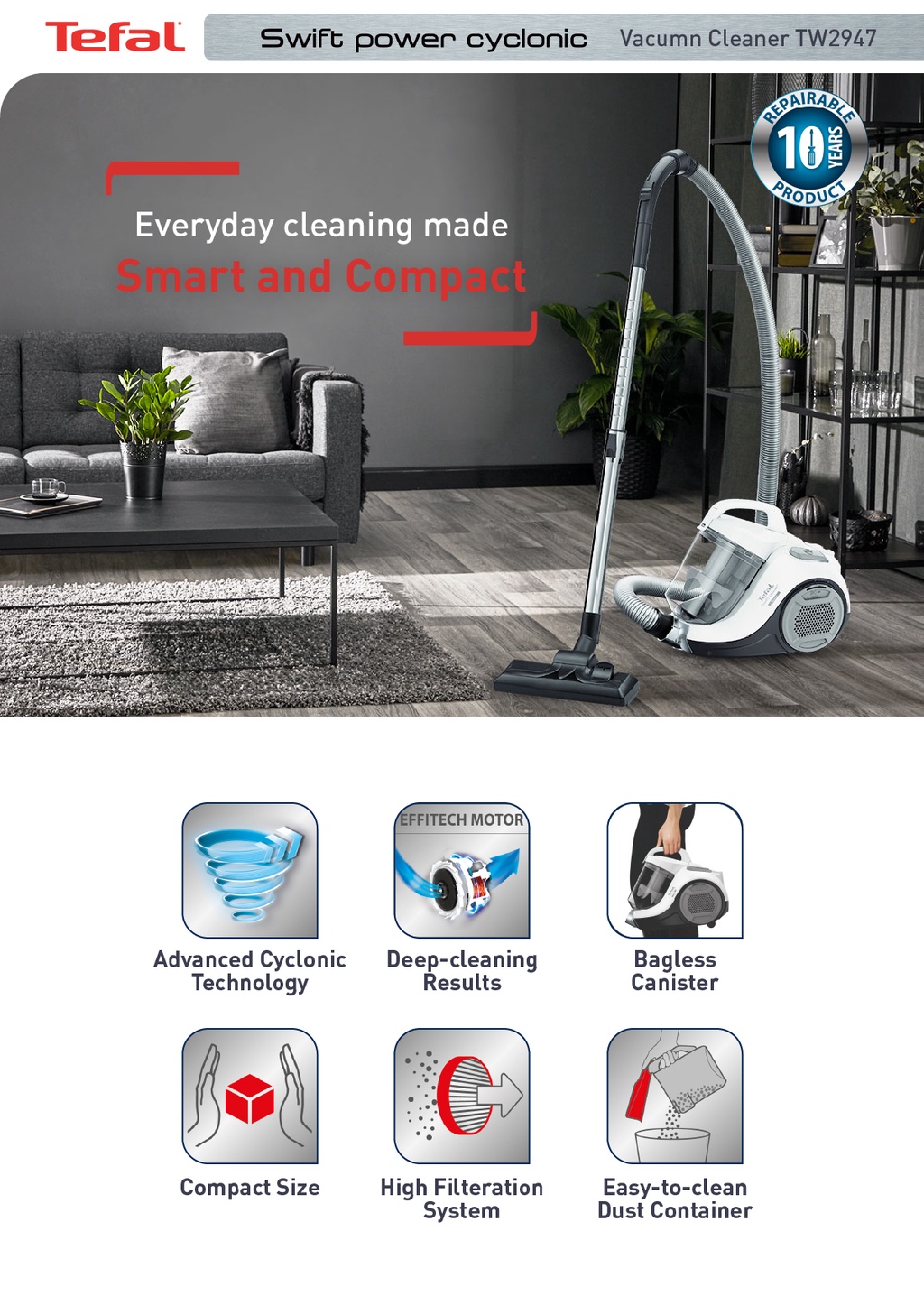 Tefal Swift Power Cyclonic Bagless Vacuum Cleaner TW2947 – 3 ...