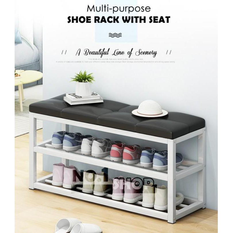 90cm Metal Shoe 2 tier Rack,Entryway Shoe Bench with Cushioned Seat ...