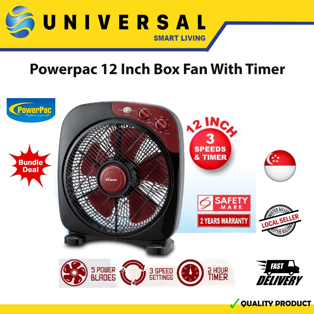 [SG SHOP SELLER] Powerpac 12 Inch Box Fan With Timer 3 Speeds 5 Power ...
