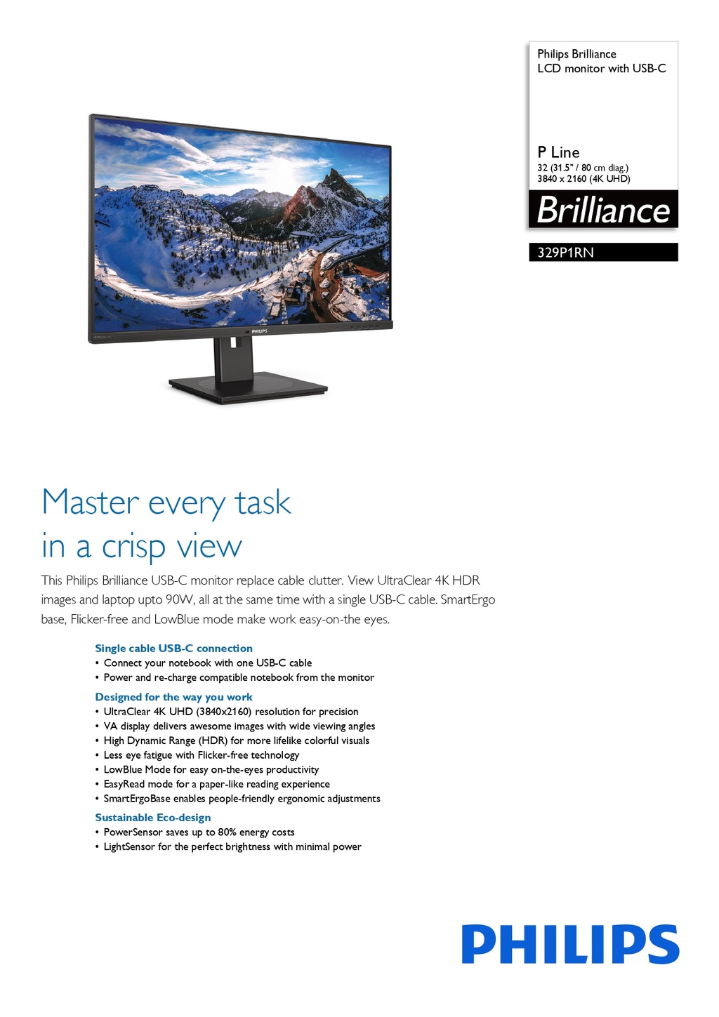 Philips 329P1RN 32" UHD USB-C PowerSensor LightSensor Ergo Stand ...