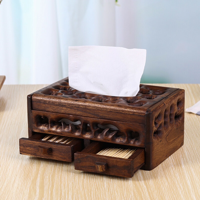Wooden tissue box with 2 drawers - Hand-carved solid wood multi ...