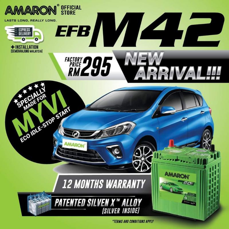 M42 (50B20L) Amaron EFB Start Stop Battery Myvi Axia Bezza Aruz Nissan Serena Honda Jazz City ...