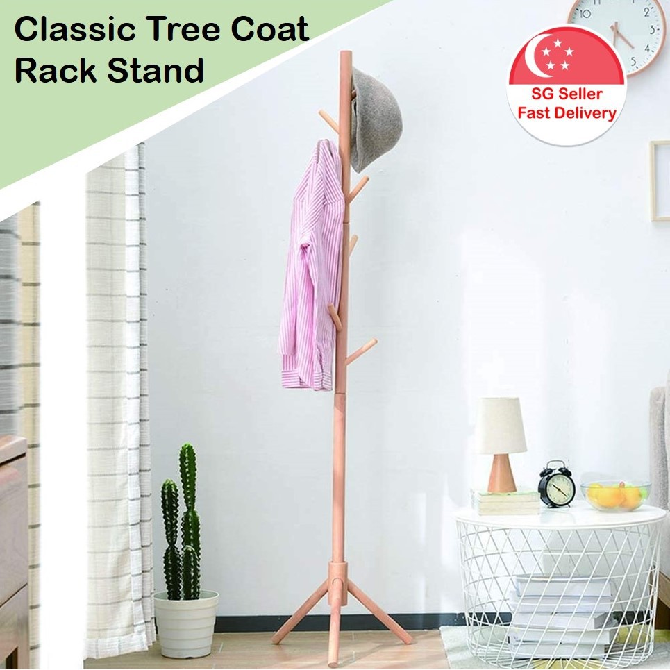 Clothes Hanger Stand Wooden Tree Coat Rack Free Standing Stand 8 Hooks ...