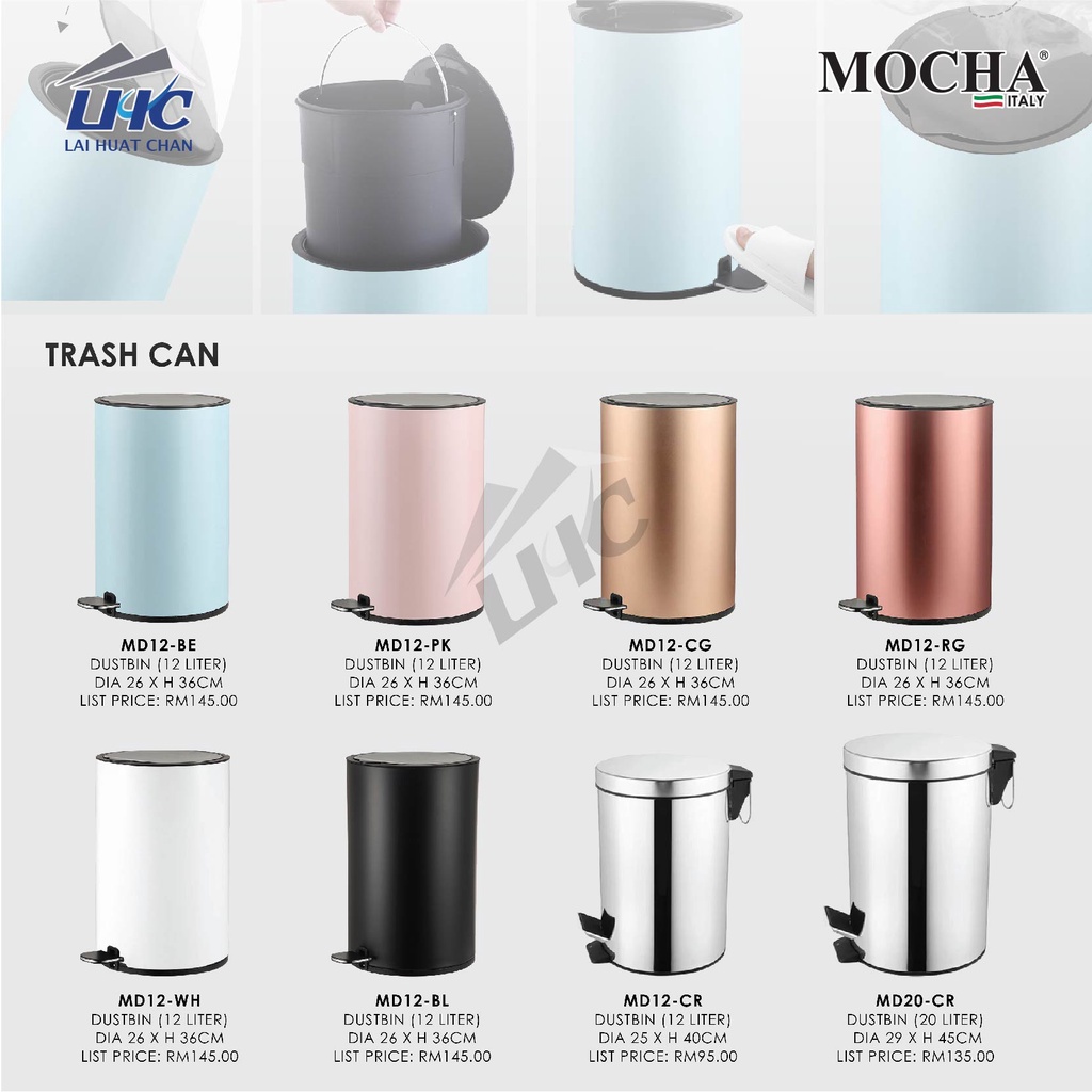 MD12-BE/BL/CG/PK/RG/WH MOCHA Stainless Steel 12L Bathroom/Kitchen ...