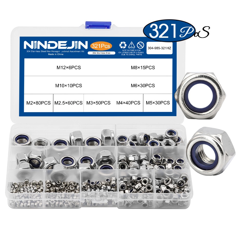 NINDEJIN 321pcs Nylon Lock Nut 304 Stainless Steel M2 M2.5 M3 M4 M5 M6 M8 M10 M12 Hex Hexagon ...
