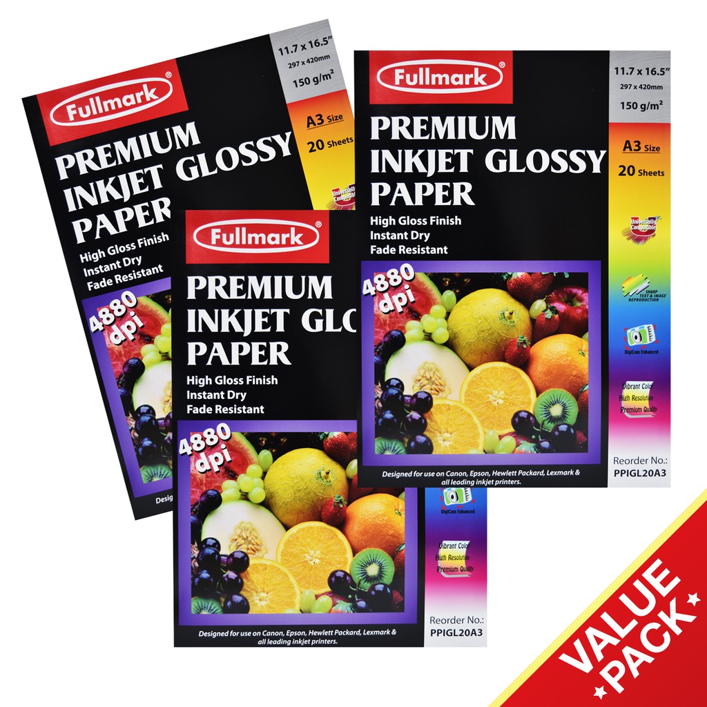 Fullmark A3 Glossy Paper Premium Inkjet 150gsm - 3 pack (PPIGL20A3 ...