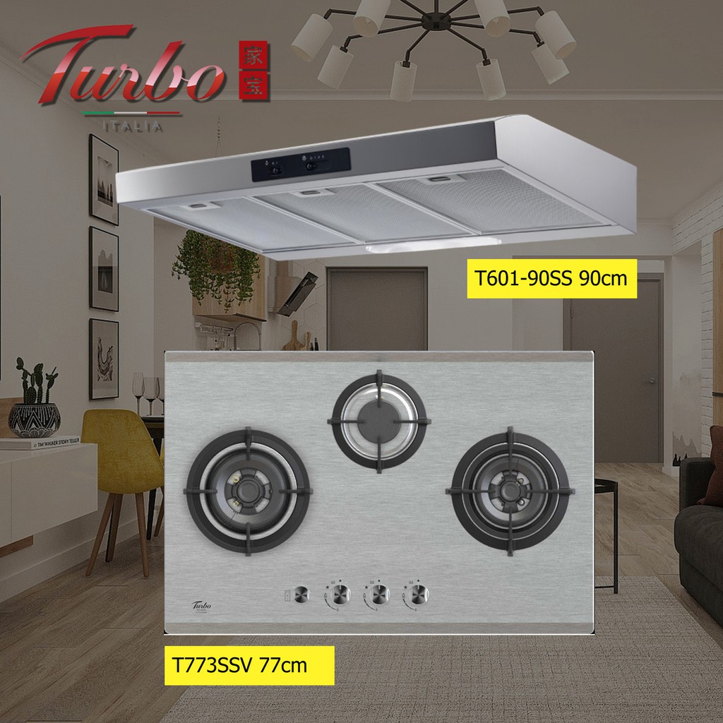 Turbo Cooker Hood &Hob T773SSV 77cm 3 burners built-in hob + T601-90SS 90cm conventional hood ...