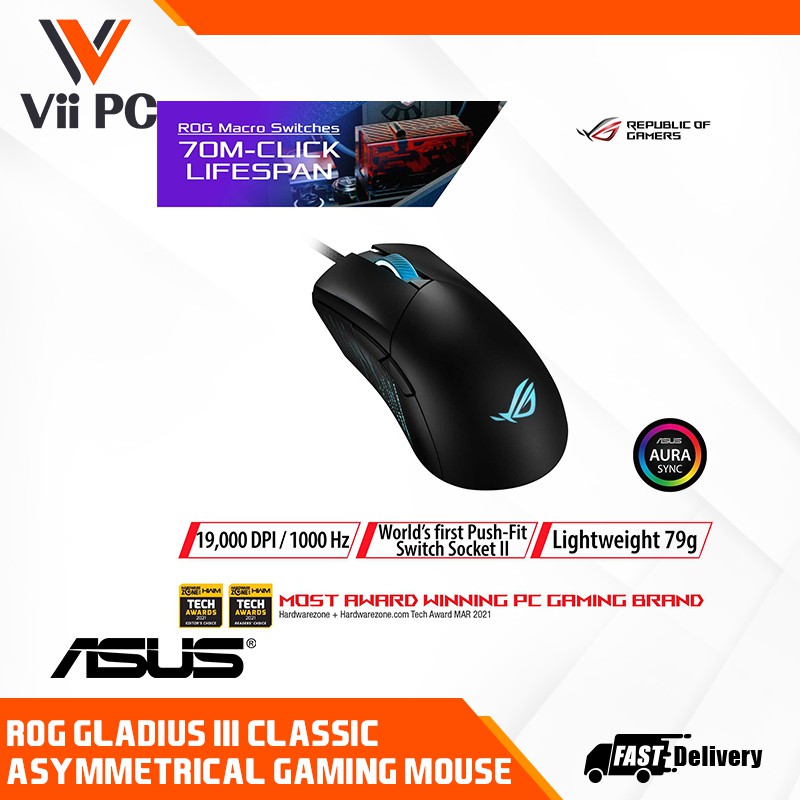 ASUS ROG Gladius III gaming mouse (specially tuned 19,000 dpi sensor, Push-Fit Switch Socket II ...