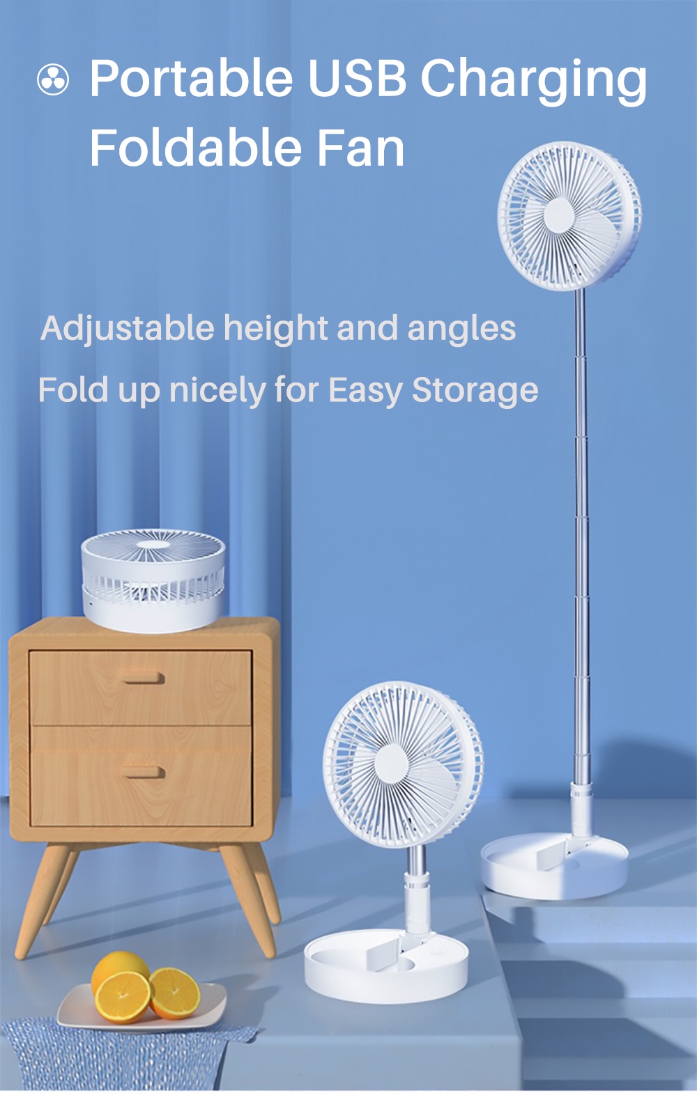 Portable USB Rechargeable Foldable Fan Adjustable Height Built-in ...