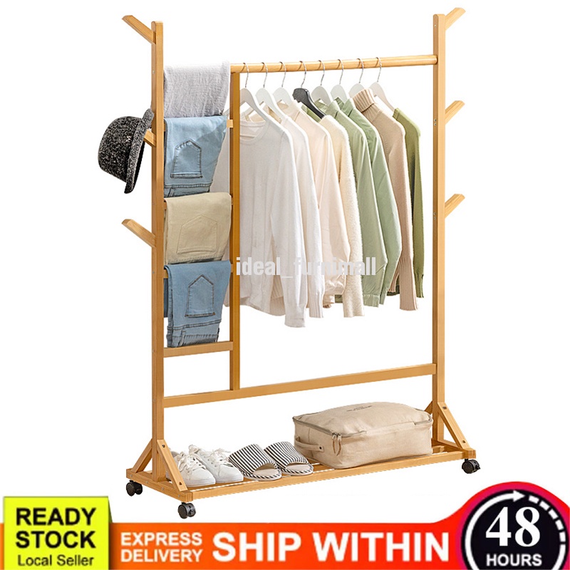 Clothes Rack 2-in-1 Coat Rack Rolling Garment Rack with Bottom Shelves ...