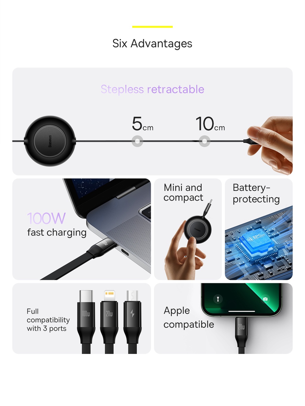 Baseus Retractable 100W 3 IN 1 USB Charge Cable For i14 Samsung Xiaomi ...