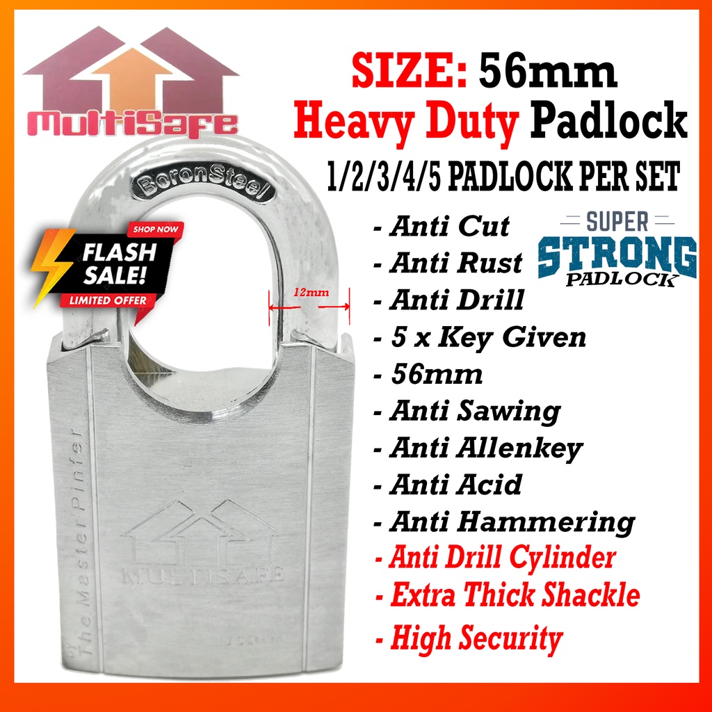 MULTISAFE PADLOCK 56MM 1/2/3/4/5 PCS ANTI CUT ANTI DRILL ANTI RUST ...