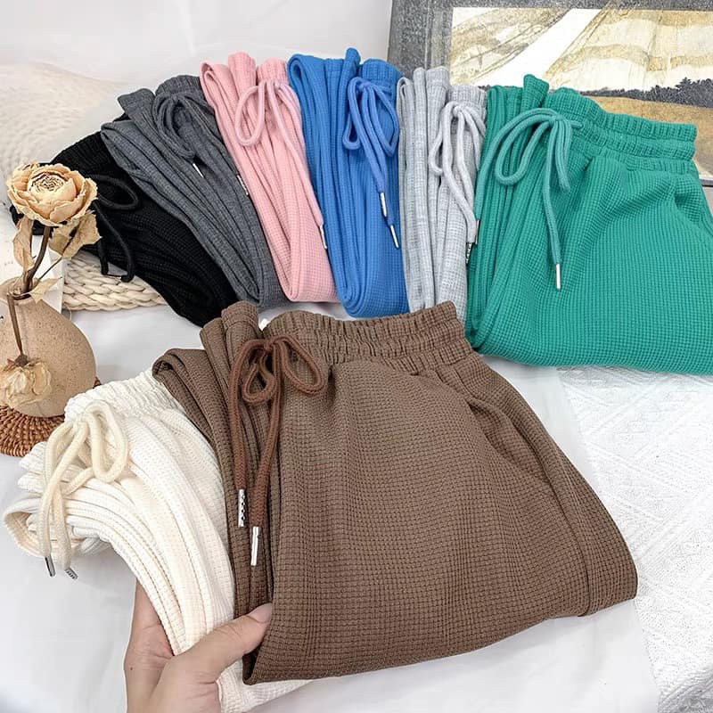Women's wide-leg drawstring honeycomb fleece pants made of thick fabric ...