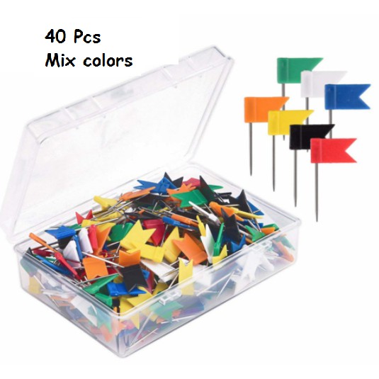 80 Pcs (2 @ 40 Pcs) Mixed Color Flag Push Pins Nail Thumb Tack Map ...