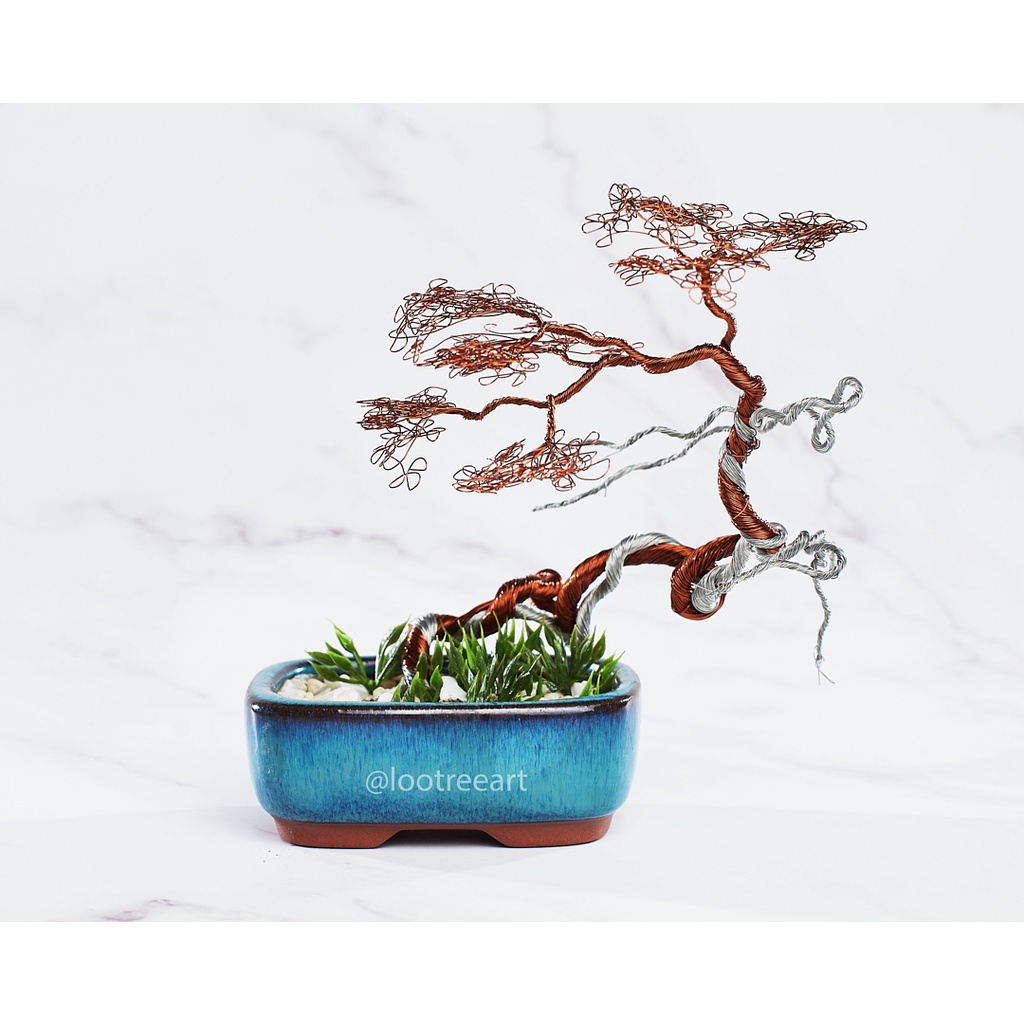 Bonsai Tree Wire Sculpture (Autumn red and silver bark with leaves ...