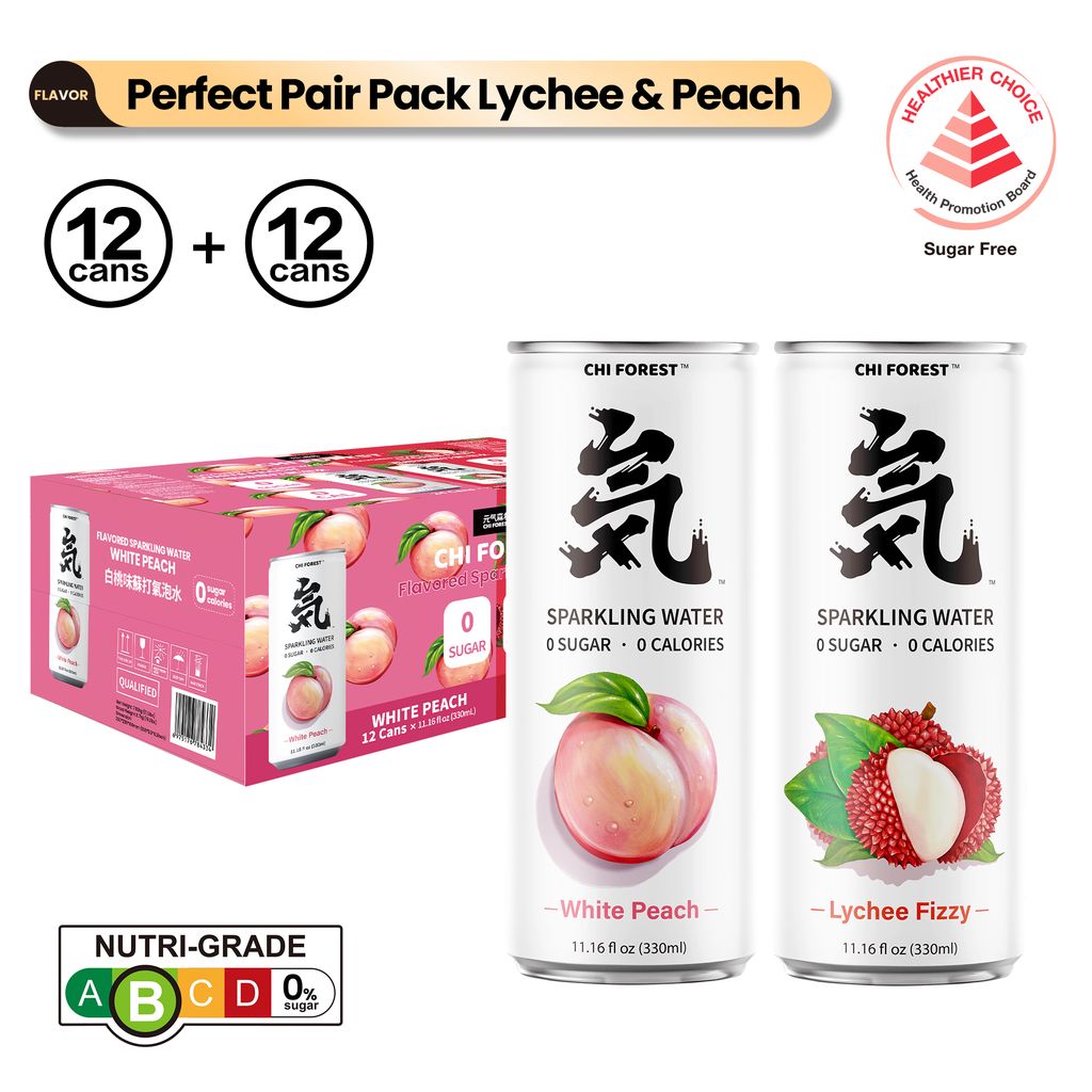 Chi Forest Perfect Pair Pack 12 Lychee & 12 Peach Sparkling Water Drinks 330ml x 24 Cans ...