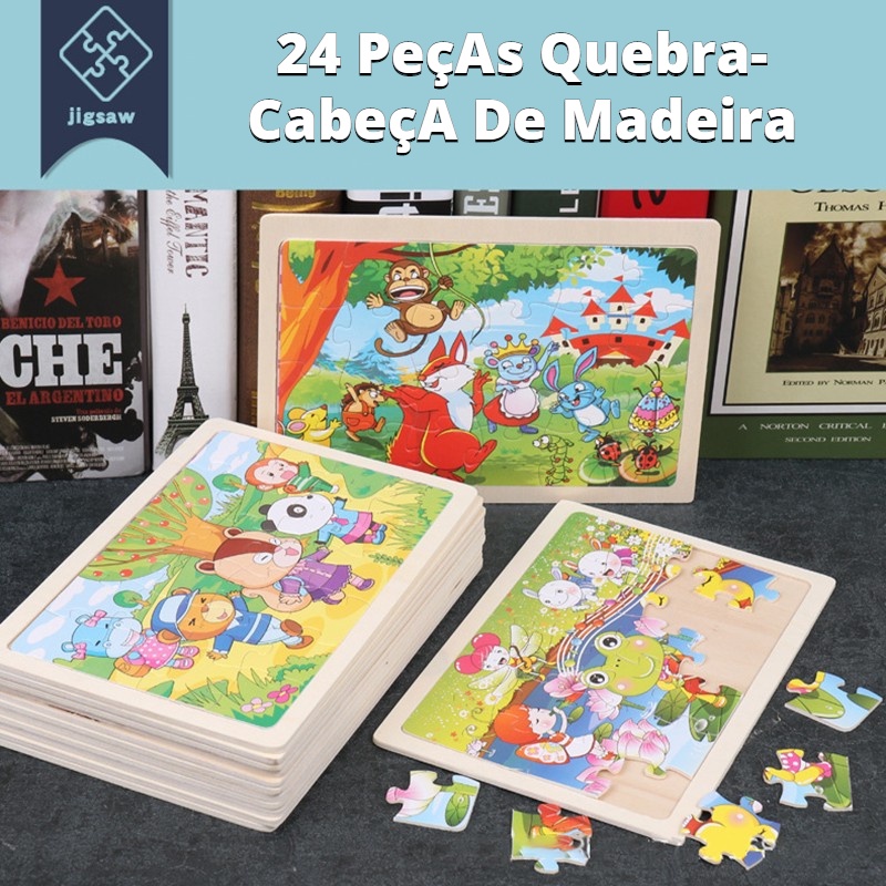 24 Pieces Wooden Puzzle Children Animal Cartoon Flat Puzzle Early ...