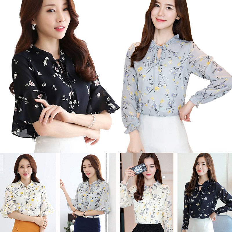 Korean Blouse Long Sleeve S-4XL Printed Chiffon Floral Blouse Shirt ...