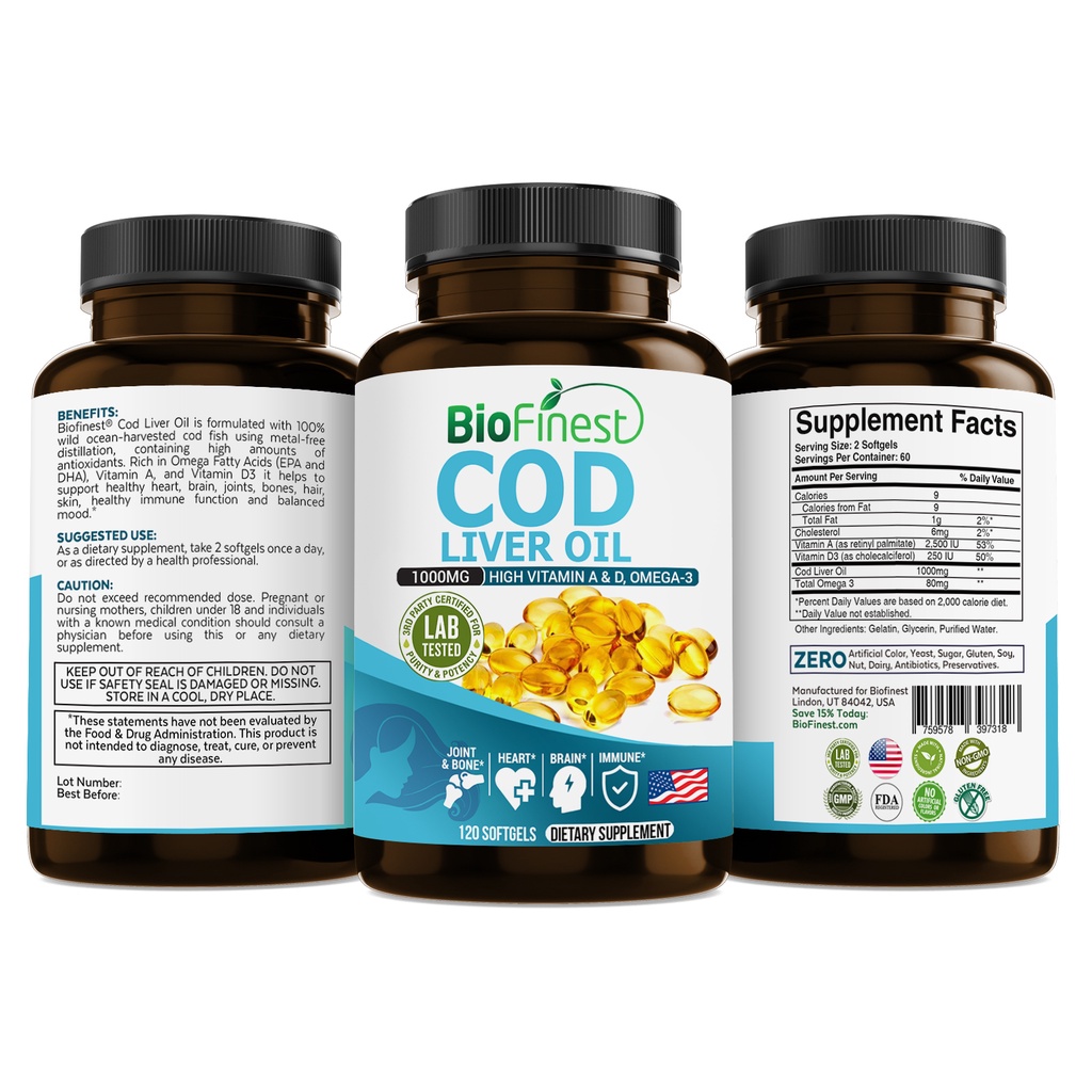 Biofinest Cod Liver Oil 1000 mg - Arctic Cod Fish Vitamin A D Omega 3 ...