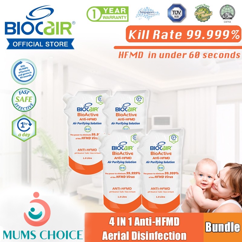 BioCair BioActive Anti-HFMD Air Purifying Solution (4x Pack Per Bundle ...