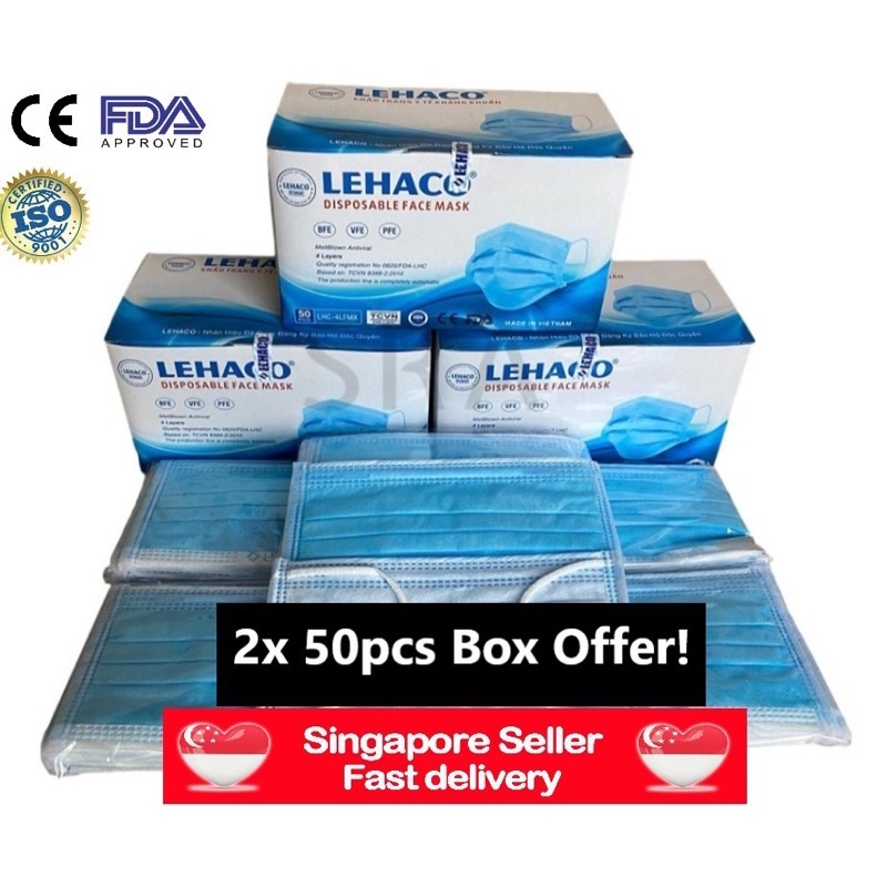 [LEHACO] 4 Ply Face Mask 50PCS x 2 BOXES [SINGAPORE READY STOCK ] [BFE ...