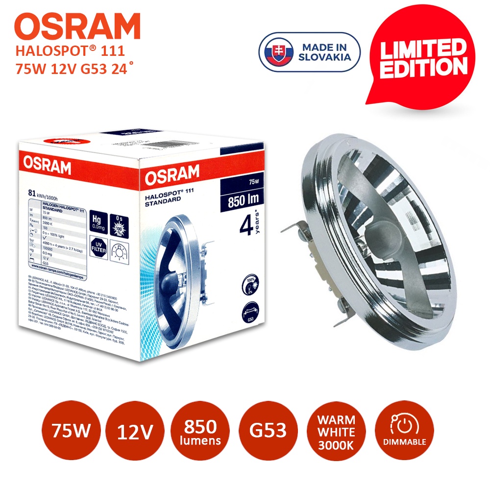 OSRAM HALOSPOT® 111 75W / 50W Standard Aluminum Reflector Cup Lamp | 12V | 24° | G53 | Dimmable ...