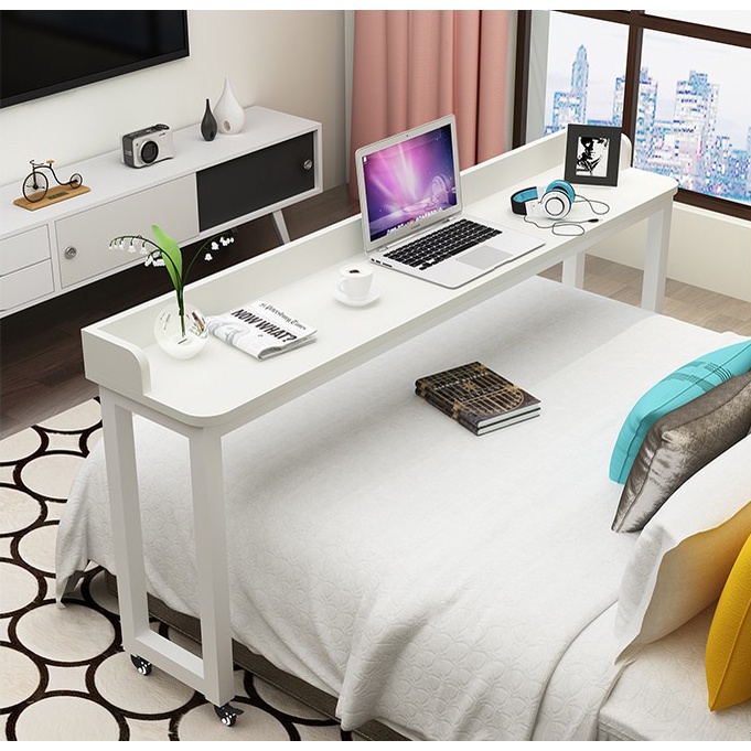 YSSH Double Computer Table Mobile Cross Bed Table With Wheels Wooden ...