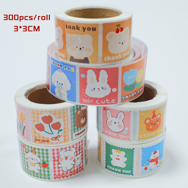 300 Pcs/Roll 3*3cm Cartoon Cute Thank You Stickers Gift Decoration ...