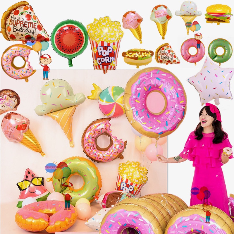 Cartoon Big ice Cream Popcorn Cake Donut Pizza Fruit Food Balloon ...