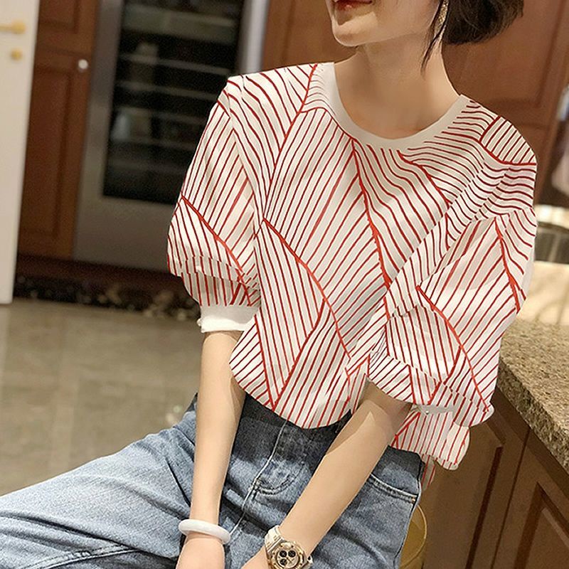 Red Striped Blouse Ladies Thin Short Sleeve Shirt Bubble Sleeve Loose ...
