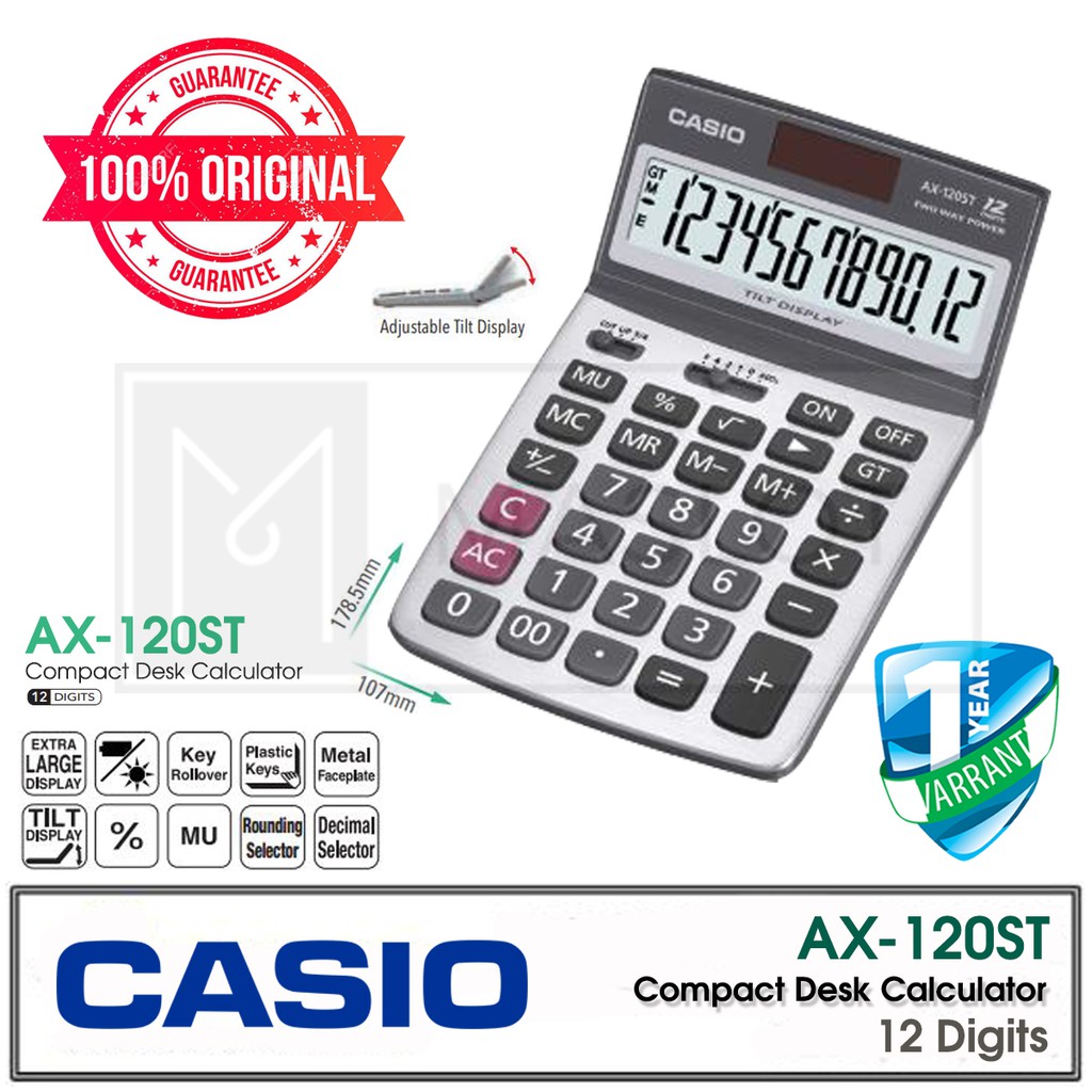 Casio AX-120ST 12 Digits Calculator (Metal Faceplate, 2 Way power ...