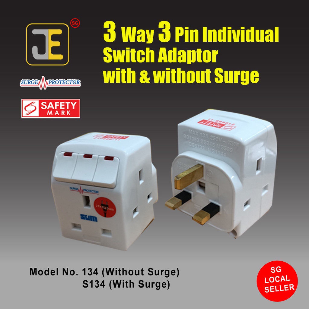 3 Way 3 Pin Individual Switch Adaptor with Surge and without Surge ...