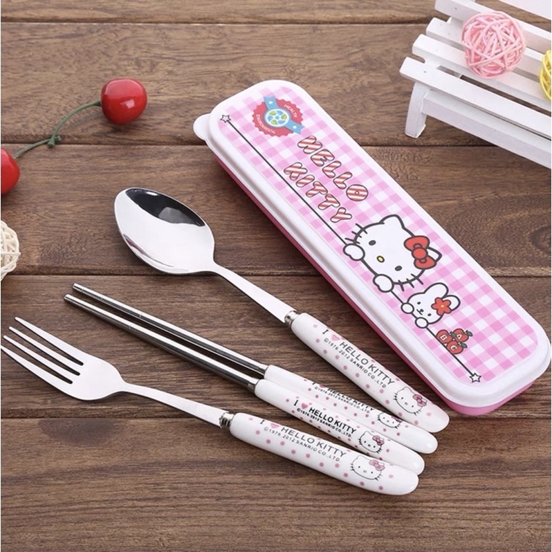 Hello Kitty 3 in 1 Cutlery Set Spoon Fork Chopstick Cartoon Character ...
