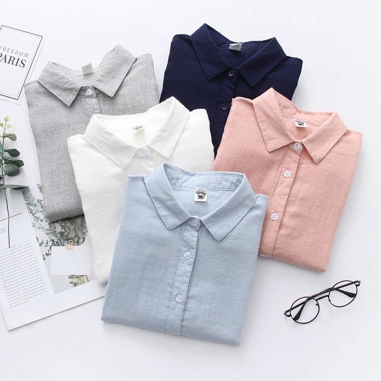 Double-layer Cotton Yarn Blouse Women Solid Color Skin-friendly Slim ...