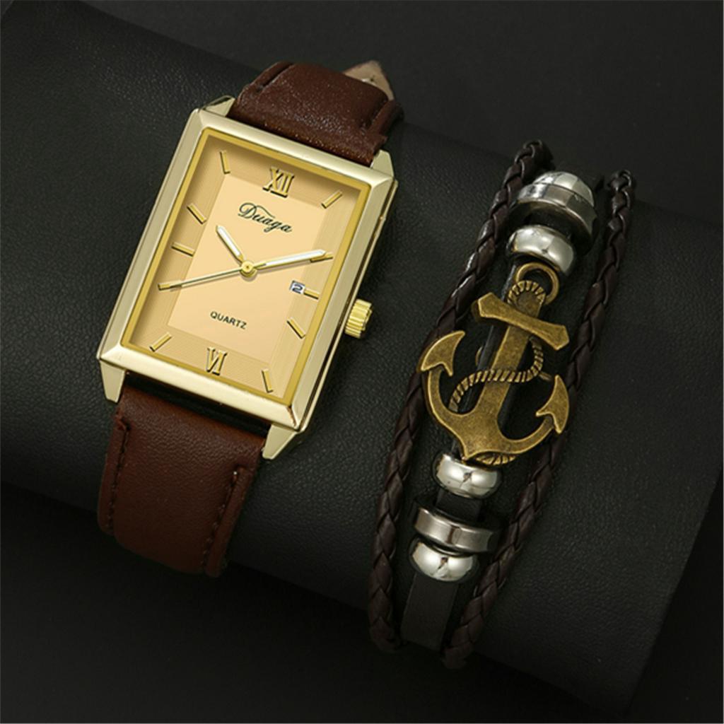 New Men's Square Dial Belt Quartz Watch+1 Anchor Bracelet | Shopee ...