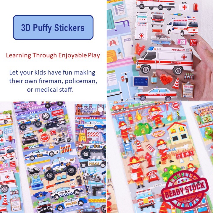 3D Bubble Puffy Cartoon Sticker Police Ambulance Fire Truck ...