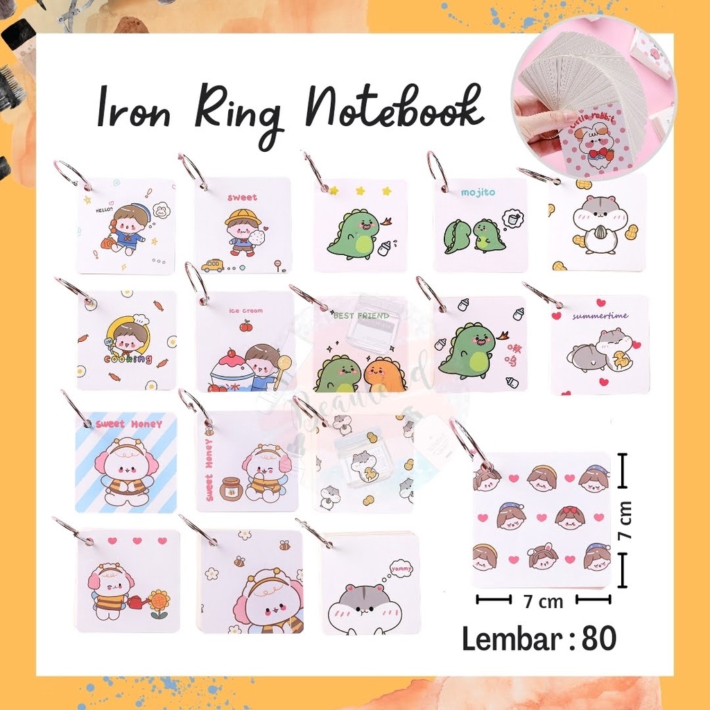 Cute Mini Book with iron Ring Pocket Card Plain Motif for School Notes ...