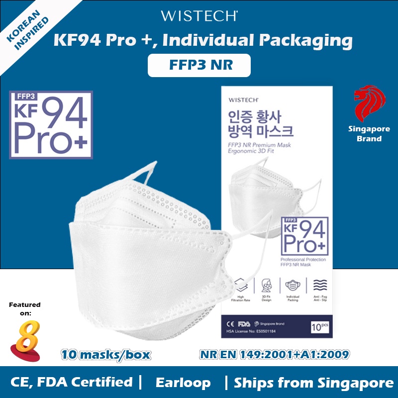 (White Black) Wistech Individual Sealed KF94 Pro+ 10 pieces, BFE 99% PFE 99% FDA CE Approved ...