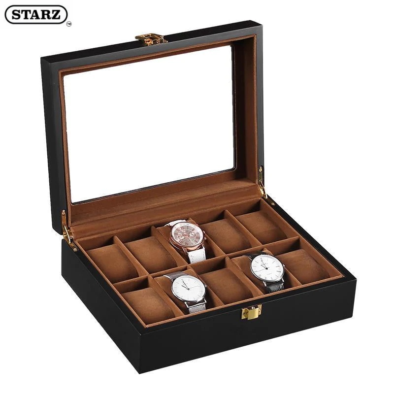 STARZ - 10 Slots Black Matte Wood Watch Display Storage Box, Wooden ...
