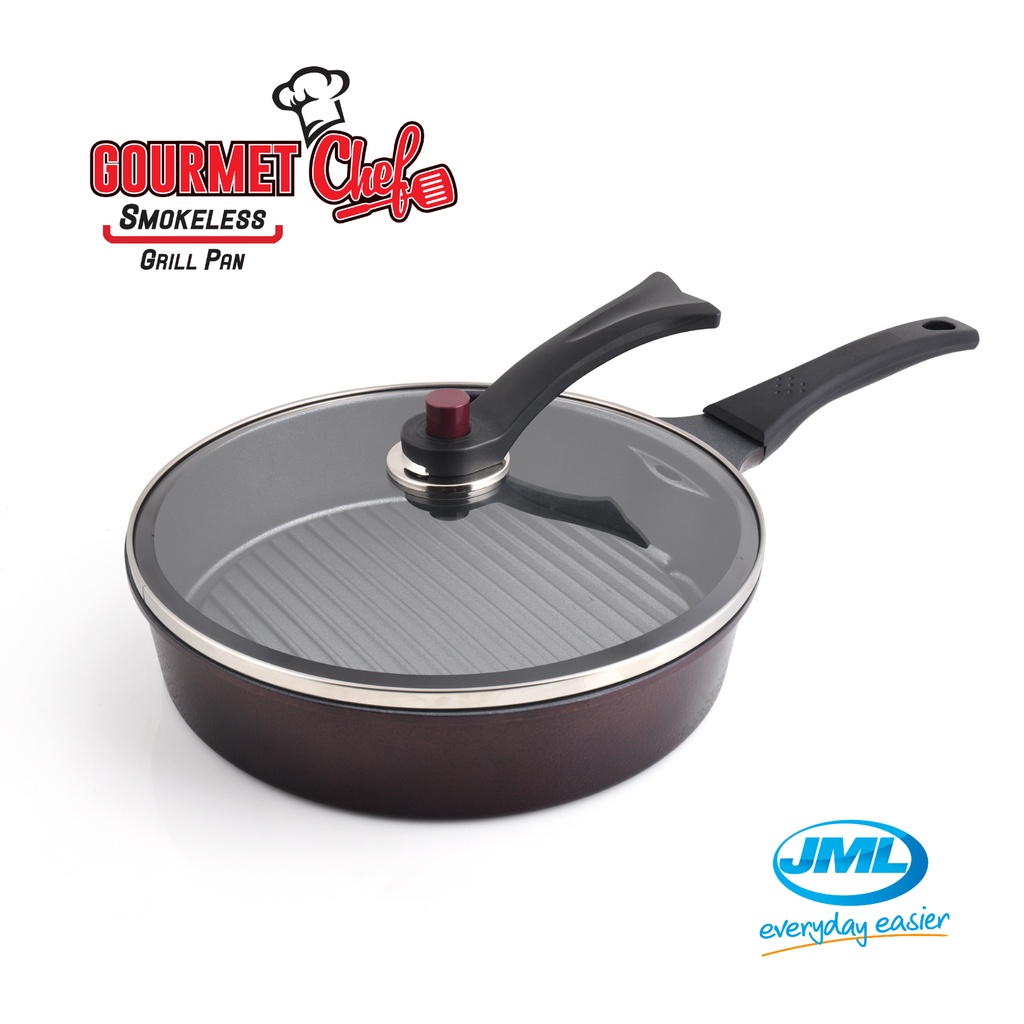 [JML OFFICIAL] GOURMET CHEF SMOKELESS GRILL 28CM PAN WITH LID | Non ...
