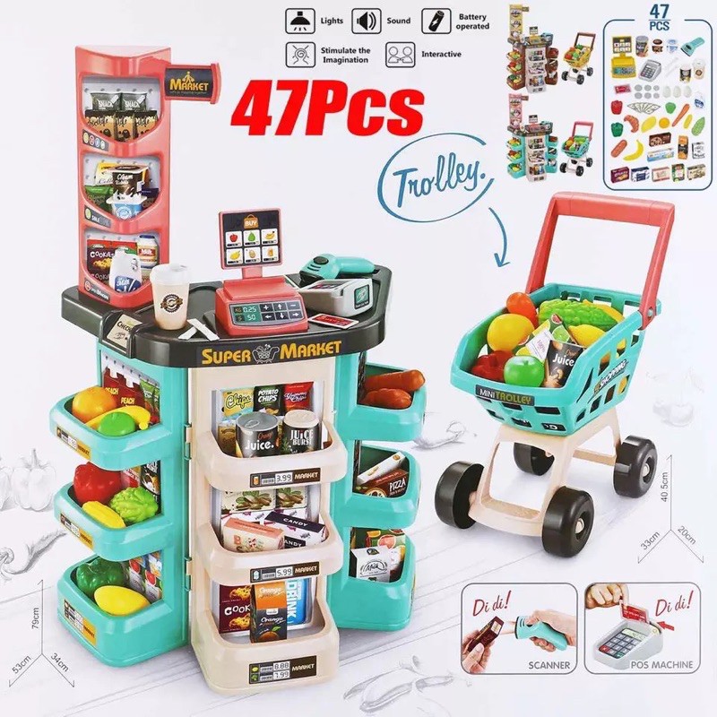 kids store Supermarket shopping cart Cash Register Vegetables Food Play ...