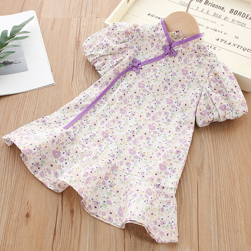 Mid-Autumn Festival Costume Kids Girls Purple Flowers Trumpet Cheongsam ...