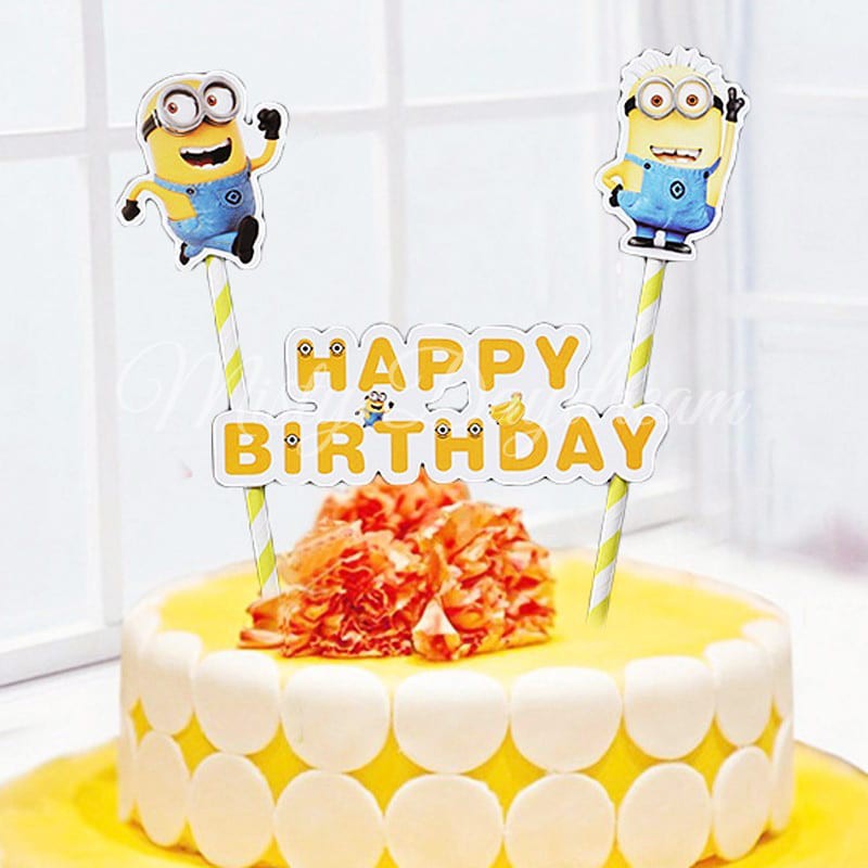 Minion Happy Birthday Yellow Striped Straw Cake Topper | Shopee Singapore